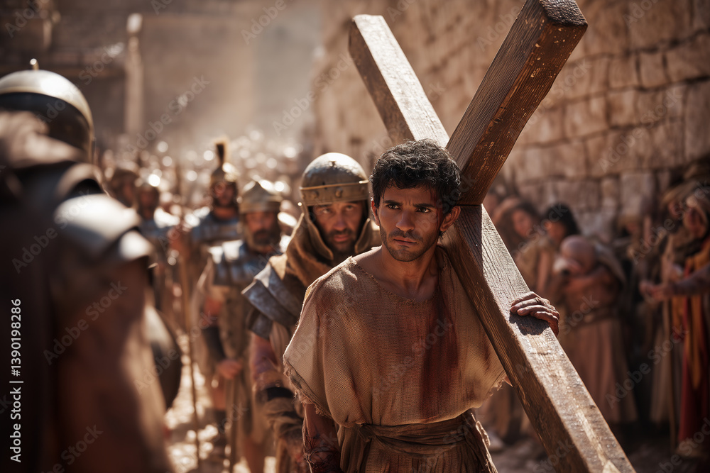 Ultra-realistic cinematic scene of Simon of Cyrene carrying the heavy ...
