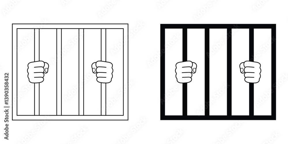 Prison bars with hands vector illustration set. Jail cell line art with ...