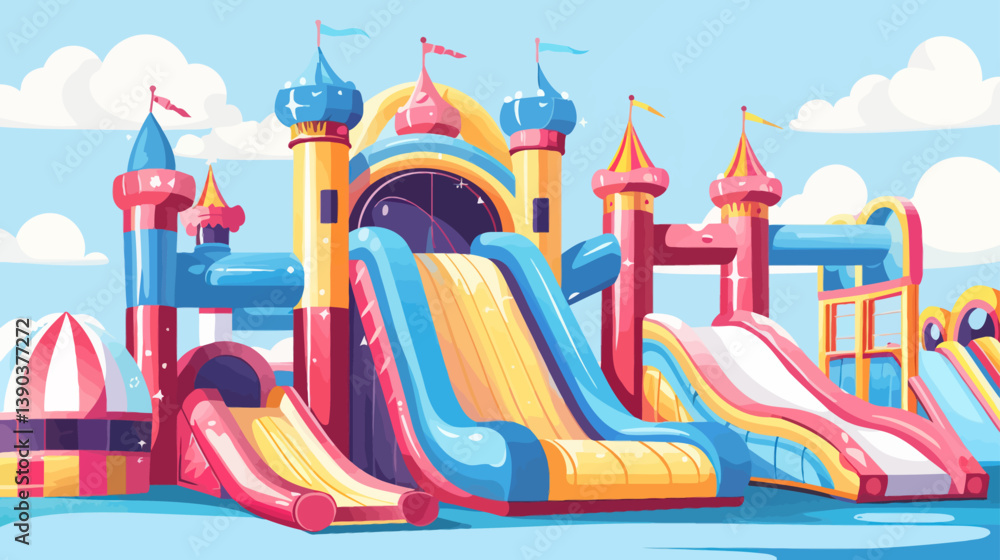 Vector inflatable playground illustration with bouncy slides and rubber ...