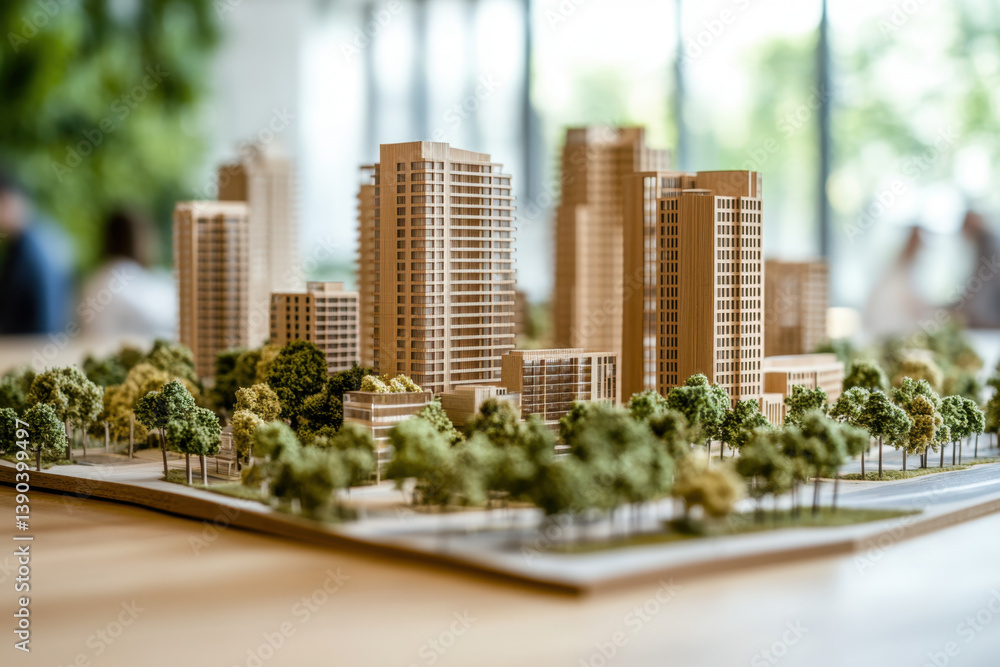 Model city with trees and buildings, miniature scale, detailed ...