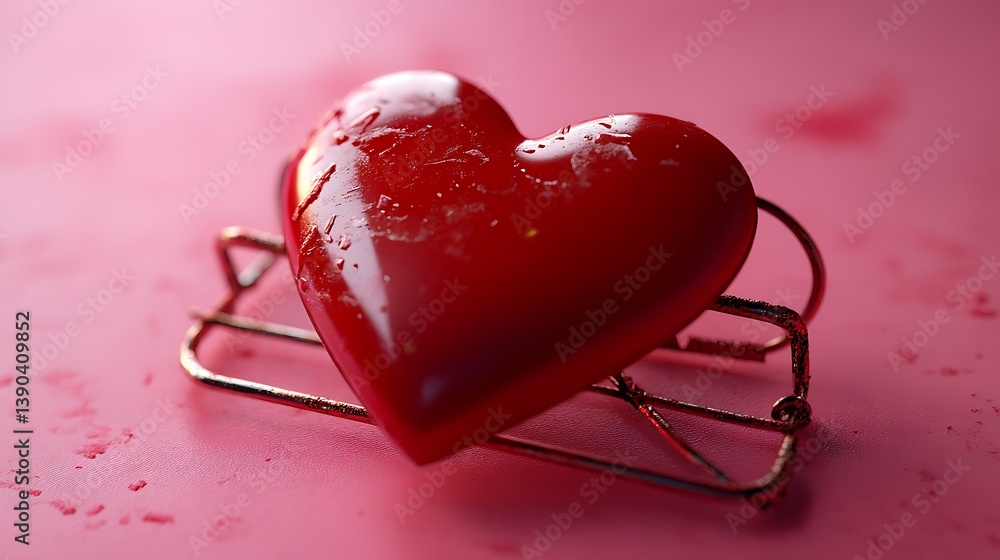 Trapped red heart in golden rat trap on smooth pink background image ...