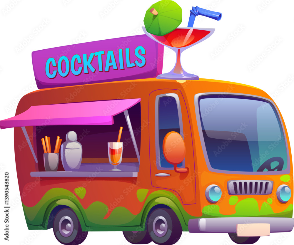 Cartoon cocktail street food truck, vintage festival foodtruck. Vector ...