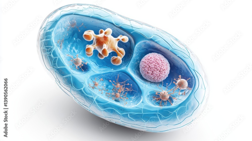 High detail biological cell under microscope, visible nucleus ...