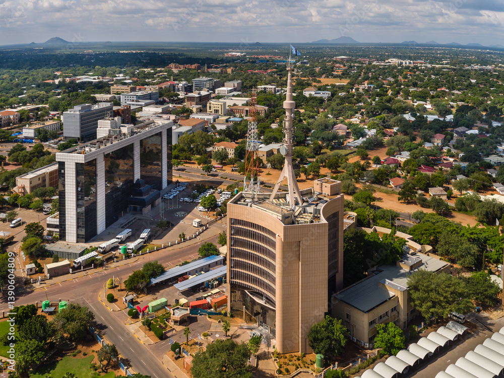 drone aerial view of Gaborone daytime, towers ,Gaborone is the capital ...