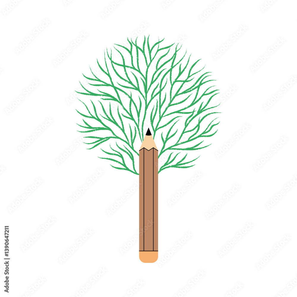 Pencil transforming into a tree where the pencil forms the trunk and ...
