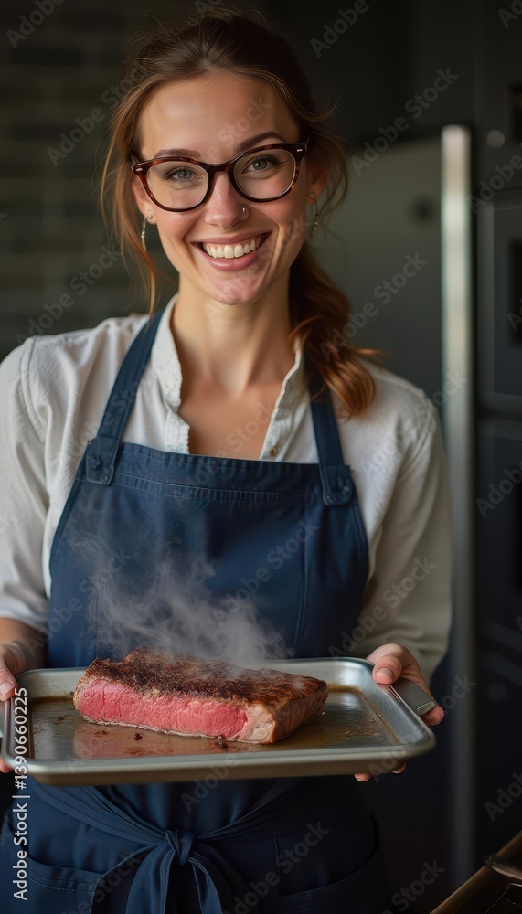 Steak in oven revealed as woman opens modern wall appliance, perfectly ...