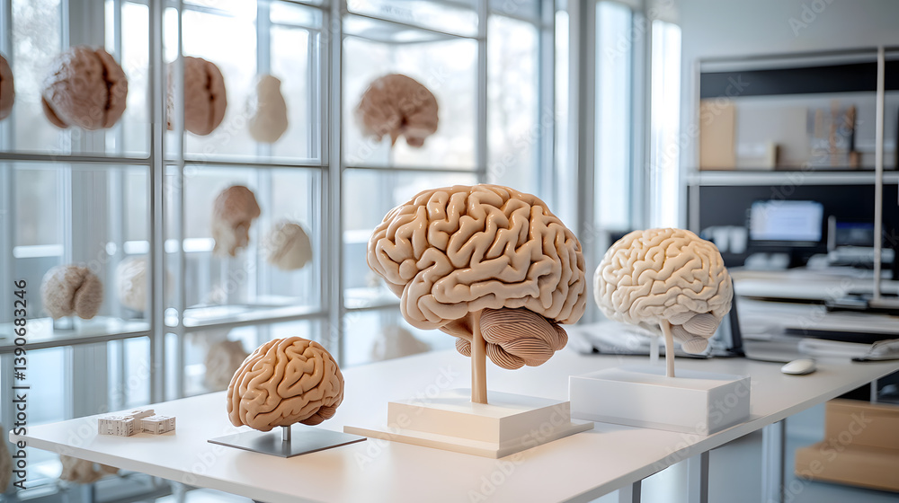 Medical Exhibit: Display of brain models shows intricate anatomical ...