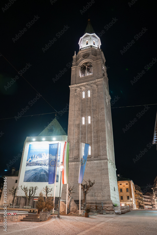 Night view of the Basilica Minore dei Santi Filippo e Giacomo bell ...