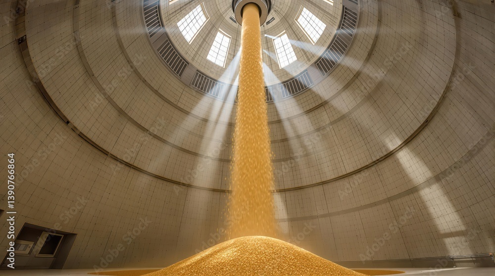 Ilustración de Stock Grain silo interior with cascading golden wheat ...
