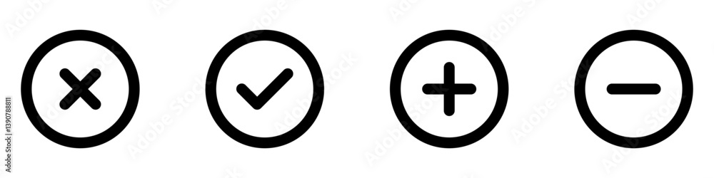 check mark icon button with green tick box and red cross. set of plus ...
