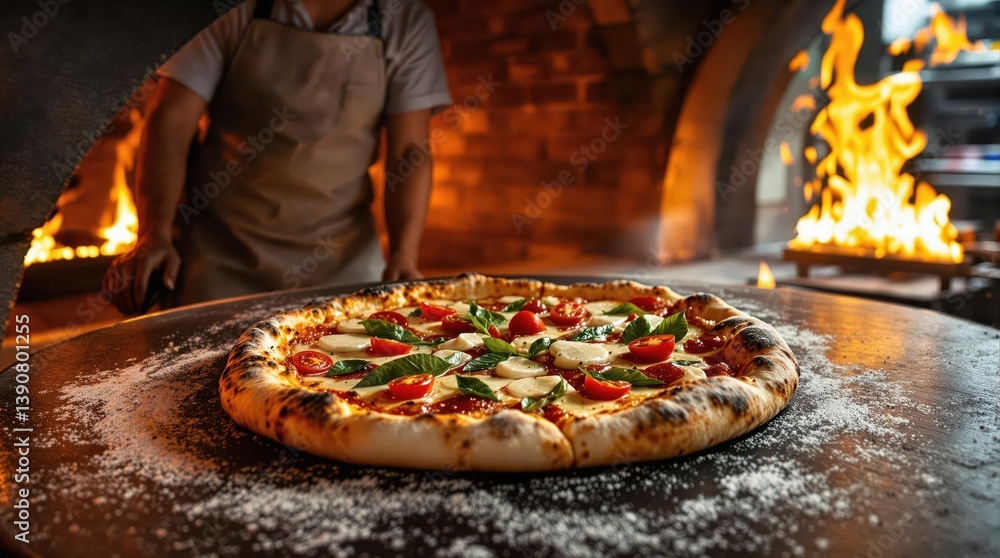 Cooking surface with stone pizza platform in wood-fired oven with hands ...