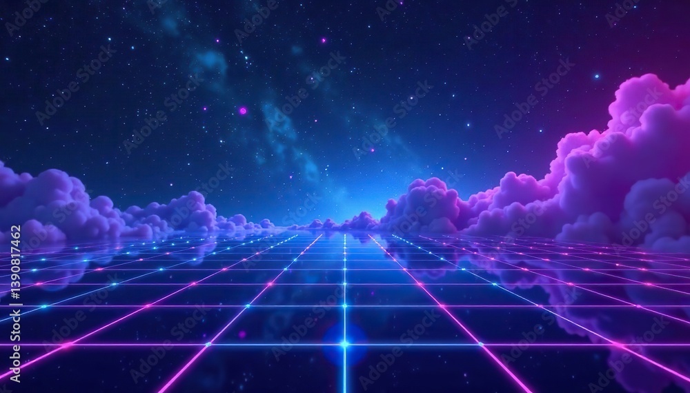 Synthwave vaporwave retrowave cyber background with laser grid, starry ...