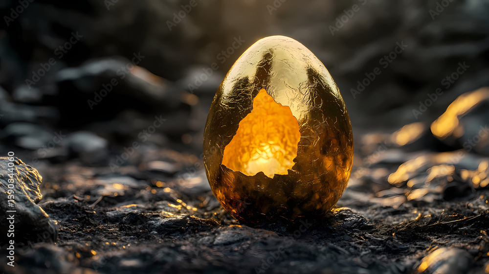 Golden egg cracking open to reveal an empty core, signifying vanished ...