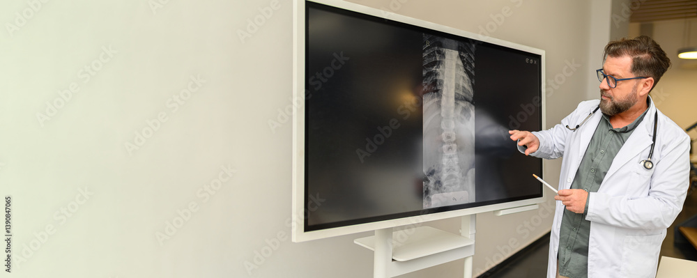 Male professional radiologist in lab coat analyzing and explaining ...