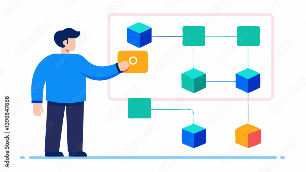 Blockchain Diagram A Developer Pointing At A Large Flowchart Illustrating How Blockchain