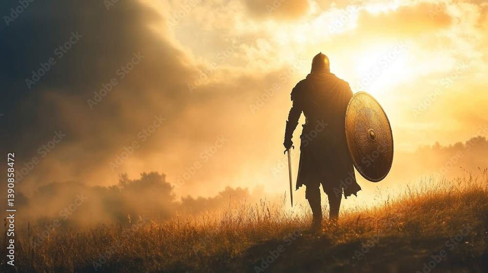 Silhouette of a warrior atop a hill at sunrise, holding sword and ...