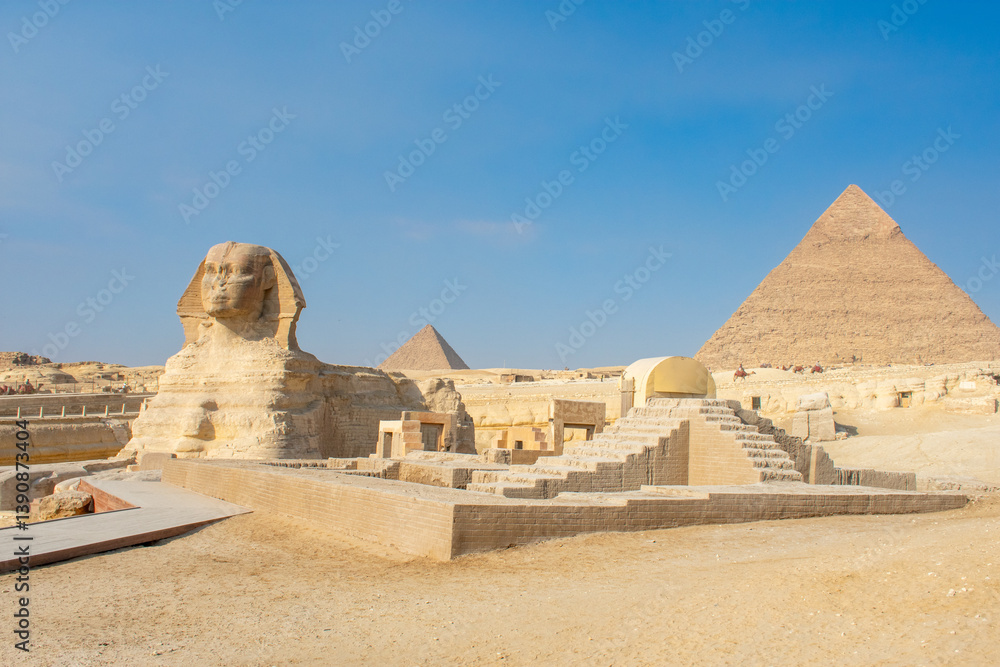 Great Sphinx and Great Pyramid of Cheops, Cairo, Egypt. Ancient statue ...