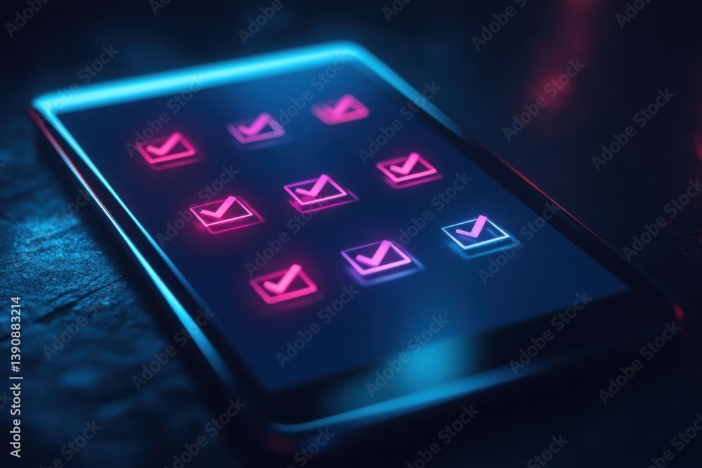 Digital checklist checkboxes on tablet in dark environment Stock ...