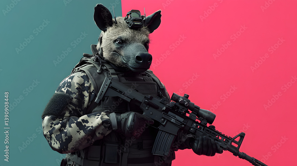 Special Forces Hyena Holding Rifle on Pastel Background Stock ...
