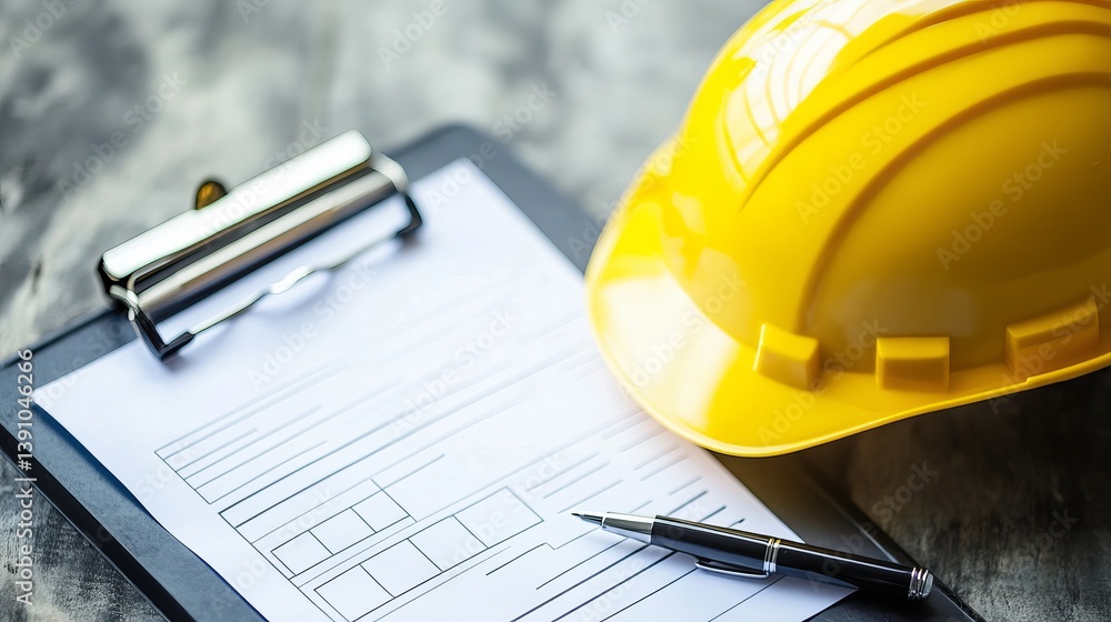 Construction safety report checklist with hard hat and pen for site ...
