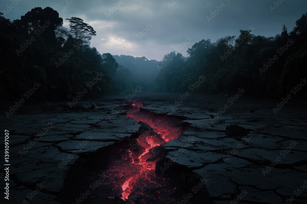 Cracked earth revealing glowing magma under dense rainforest canopy at ...