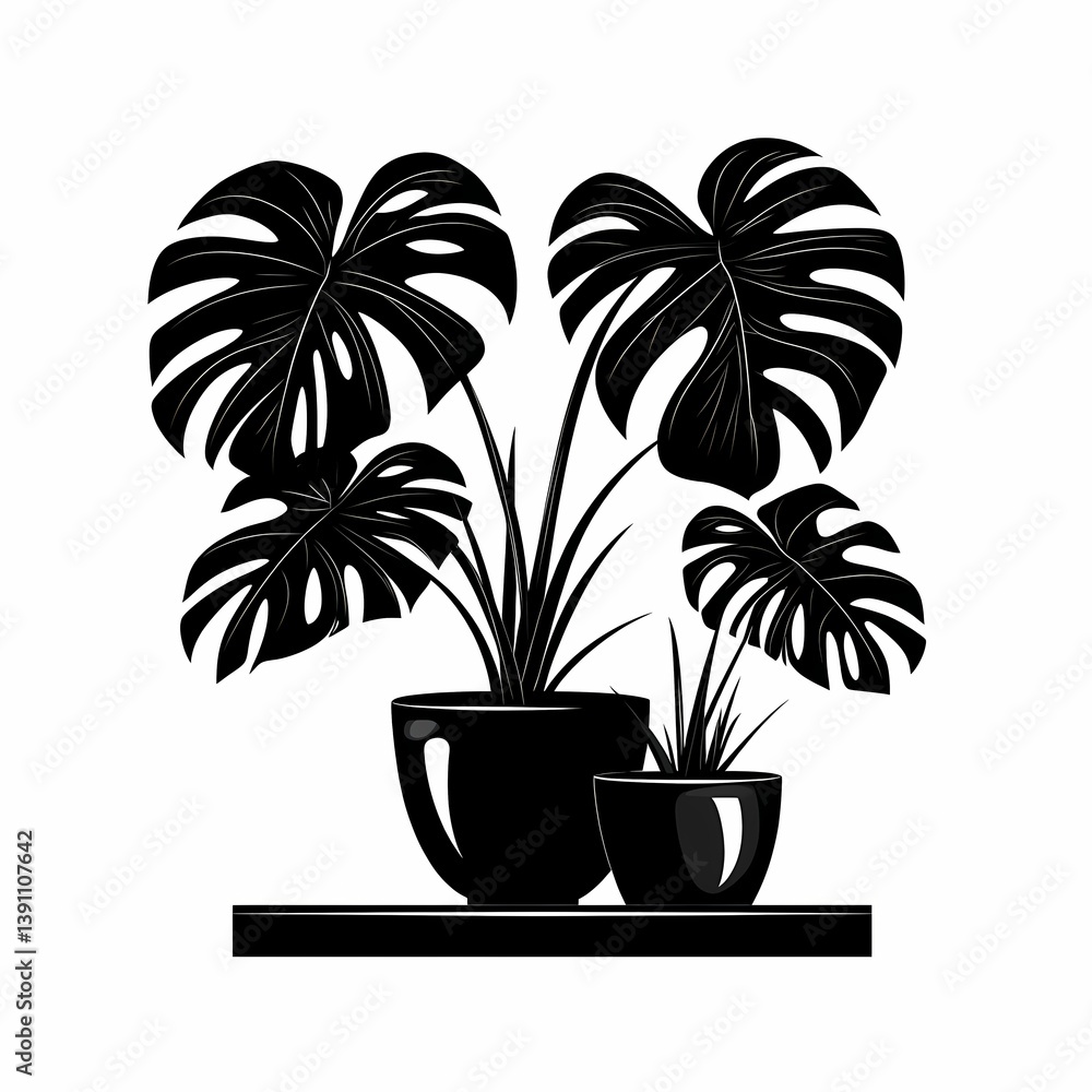 Monstera Indoor Plants: Black and White Vector Art for Modern Interior ...