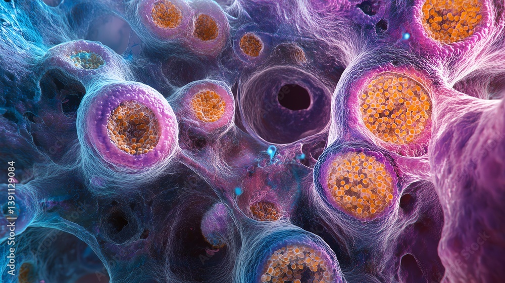 Detailed microscopic view of stem cells growing and dividing, vivid and ...