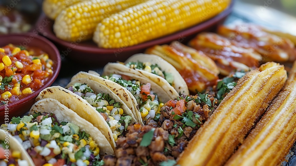 Colorful fiesta spread of Mexican street foods including tacos al ...