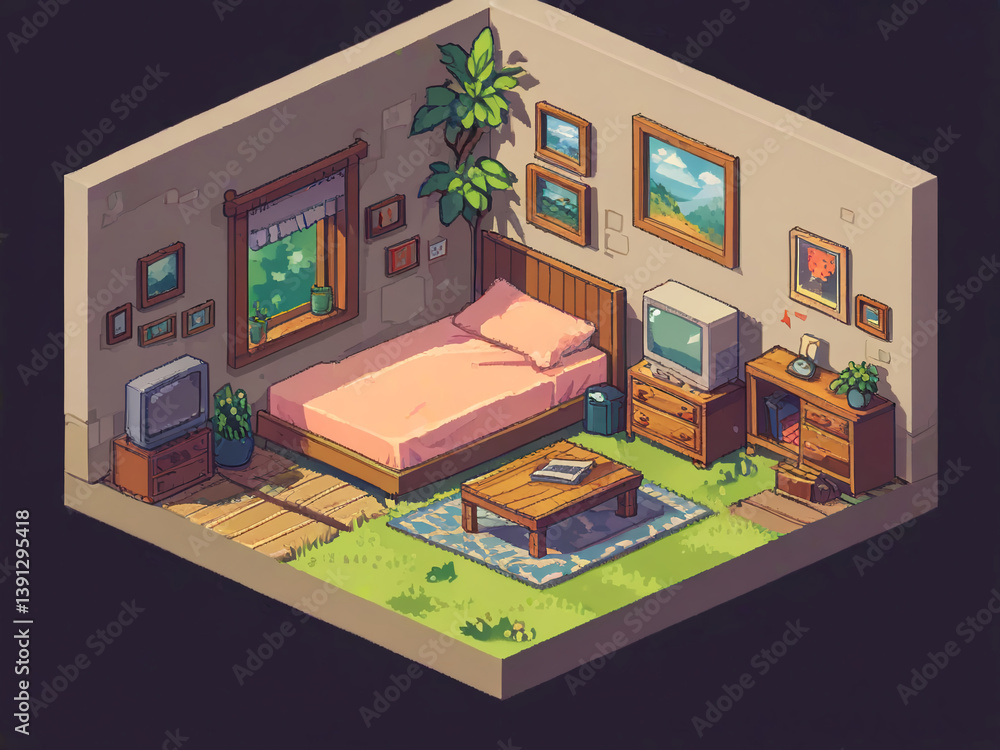 cute isometric bedroom room for game assets, gamedev, game consoles ...