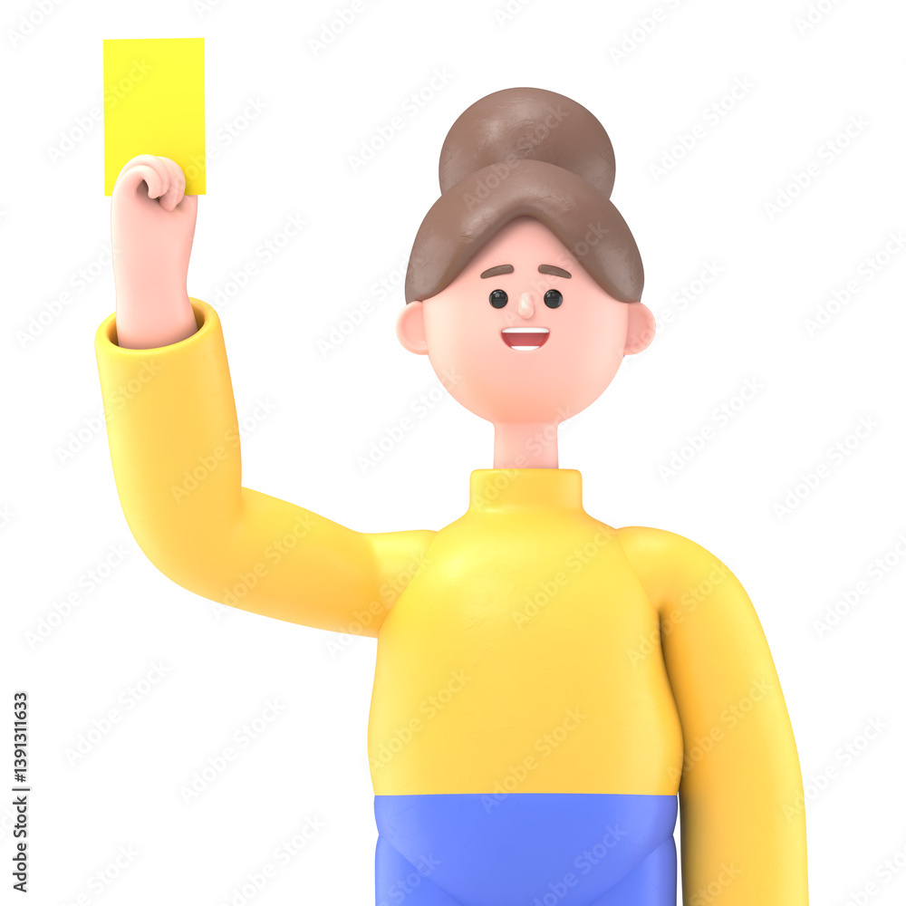 3D illustration of Asian woman Angela showing yellow card.Transparent ...