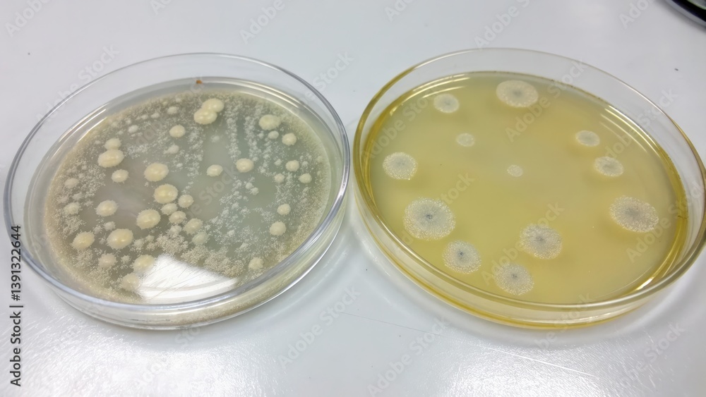 Petri dishes showing bacterial growth in different cultures. Stock ...