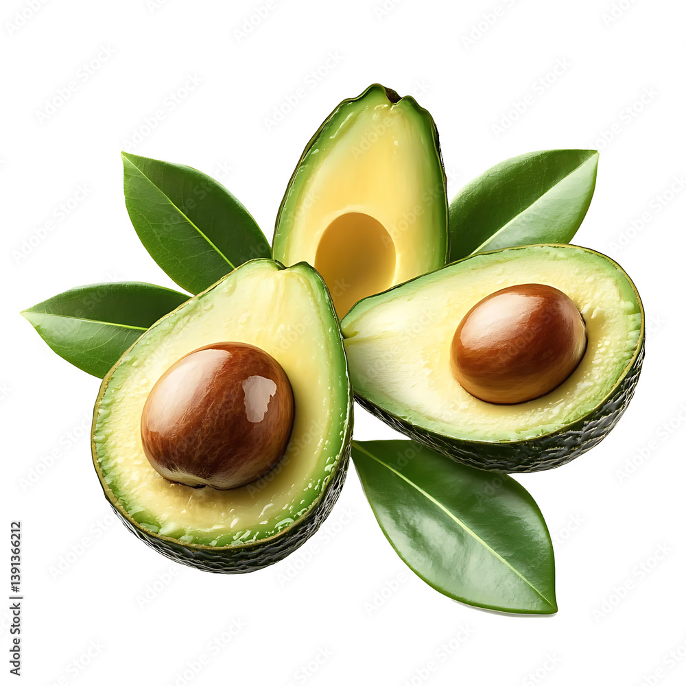 Whole and halved avocados, showing their dark green skin and creamy ...