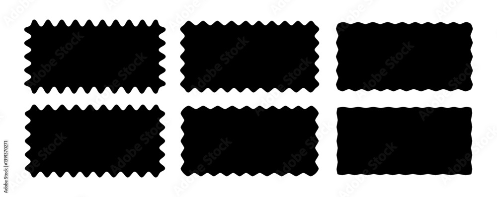 Wavy jagged edge frames. Black vector stamp or stickers. Wiggly zigzag ...