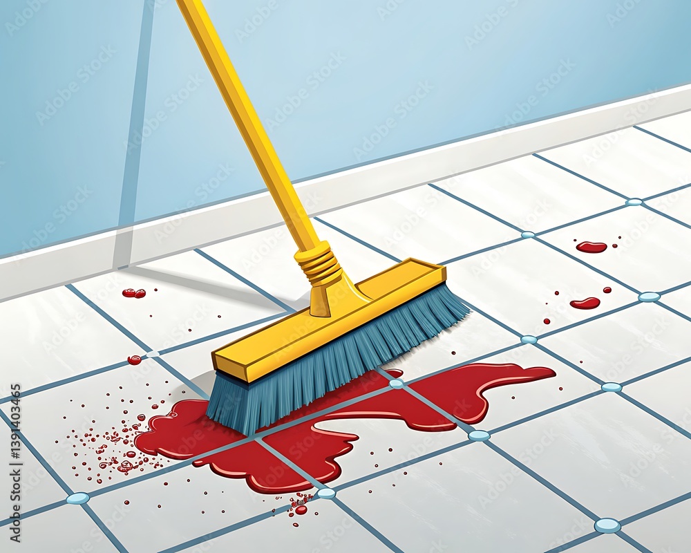 Illustration of a mop cleaning blood on the floor, dark and dramatic cleanup concept ...