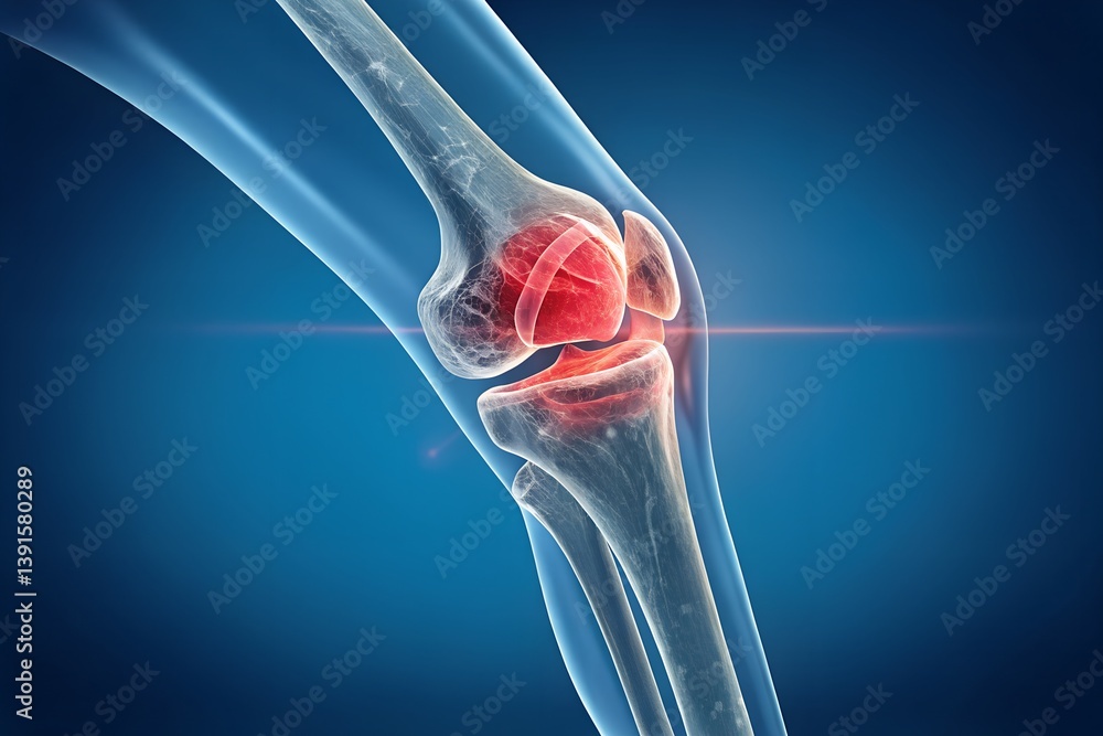Knee joint anatomy highlighting pain areas with a detailed focus on the ...