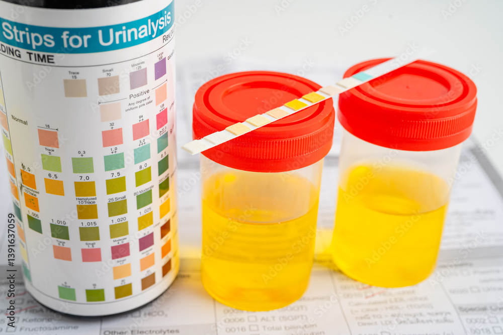 Urinalysis, urine cup with reagent strip pH paper test and comparison ...