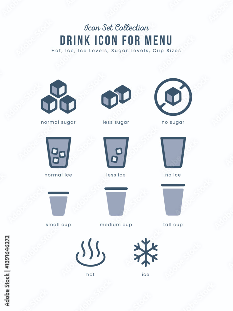 Drink Beverages Icon Set for Menu. Hot Ice, Cup sizes, sugar levels ...