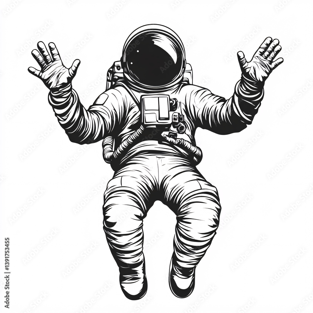 black and white sketch of floating astronaut in space suit with helmet ...