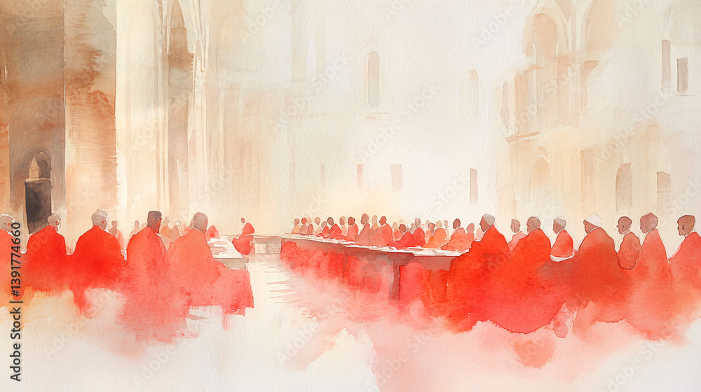 catholic conclave with red robed clergy in ceremonial hall, cardinals ...