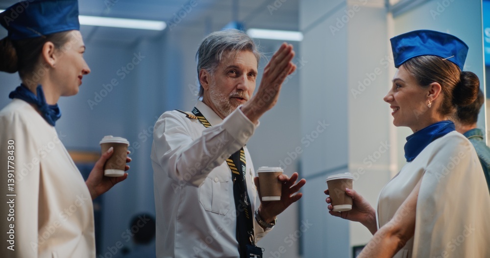 Flight Crew: Mature Airline Pilot Communicating with Two Beautiful ...