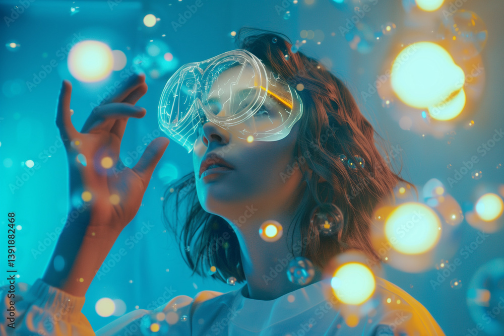 School student with VR goggles using AI artificial intelligence ...