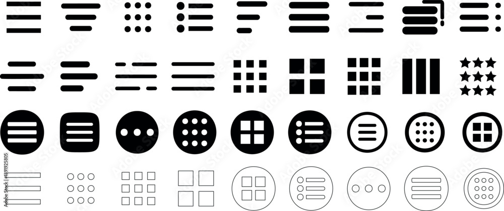 Hamburger menu icon set featuring grid, list, and dot styles in various ...