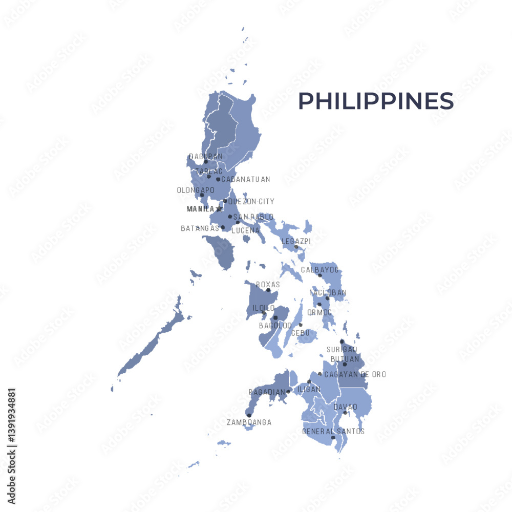 Map of PHILIPPINES with Regions Borders and Famous Cities Stock Vector ...