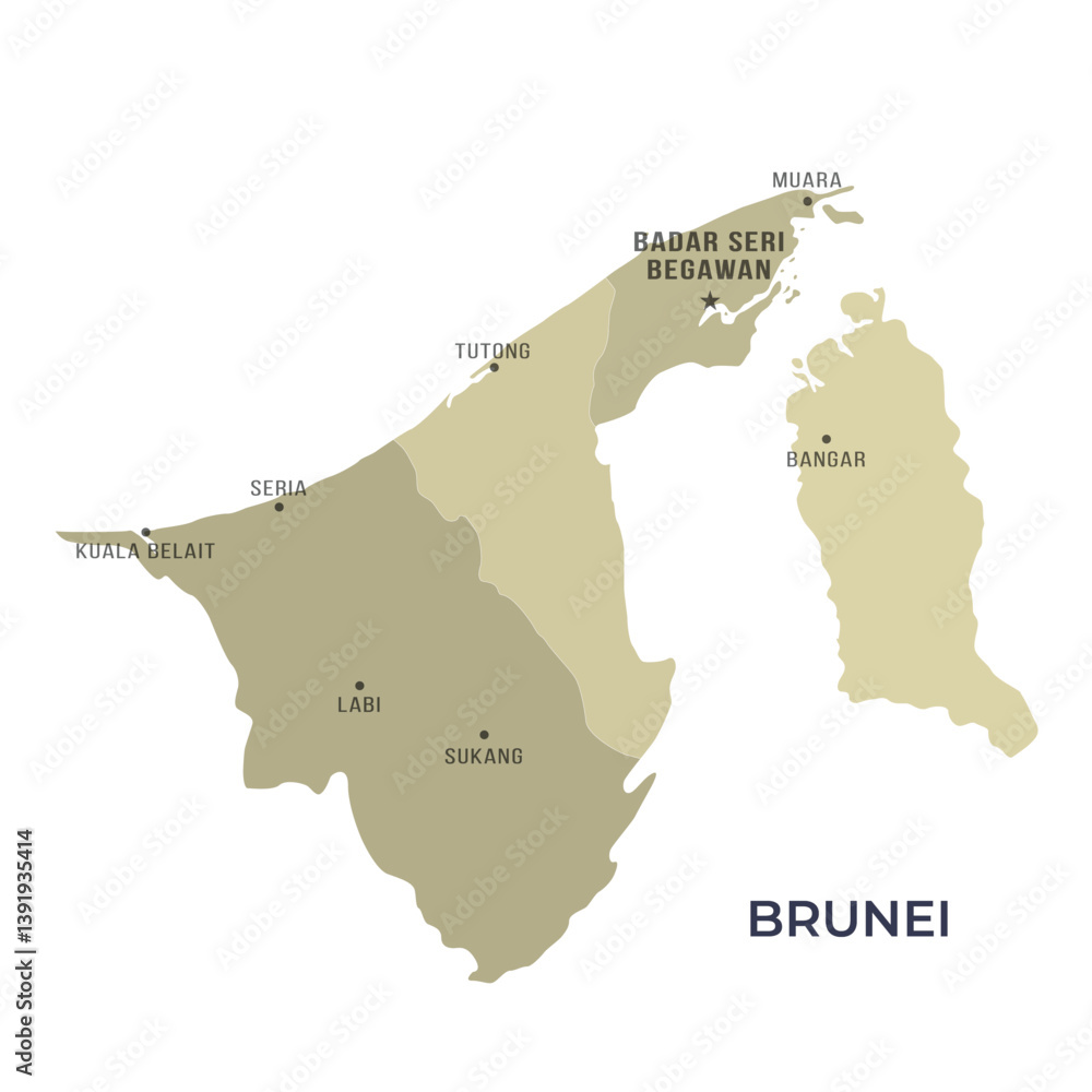 Map of BRUNEI with Regions Borders and Famous Cities Stock Vector ...