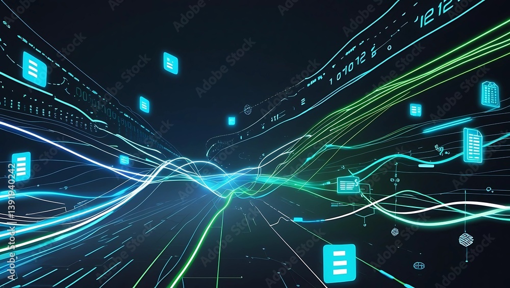 Futuristic Animation of Digital Data Streams on Dark Background with Glowing Binary Code, Light ...