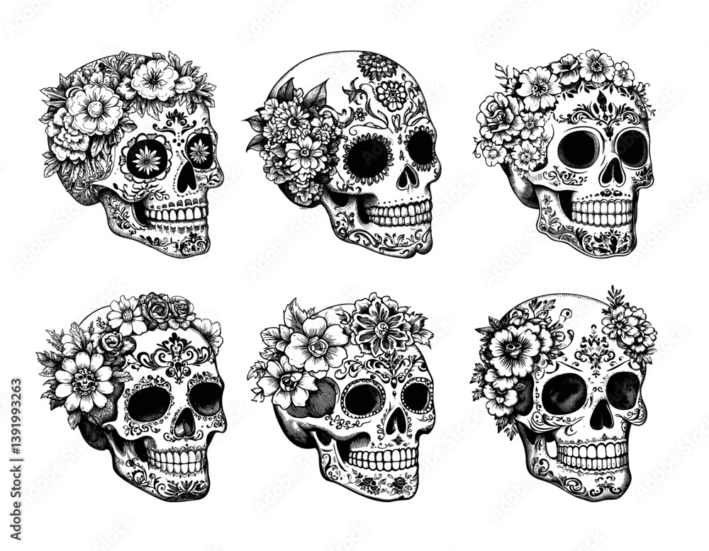 Mexican flowers skulls engraving vector set. Dead deceased bone human ...