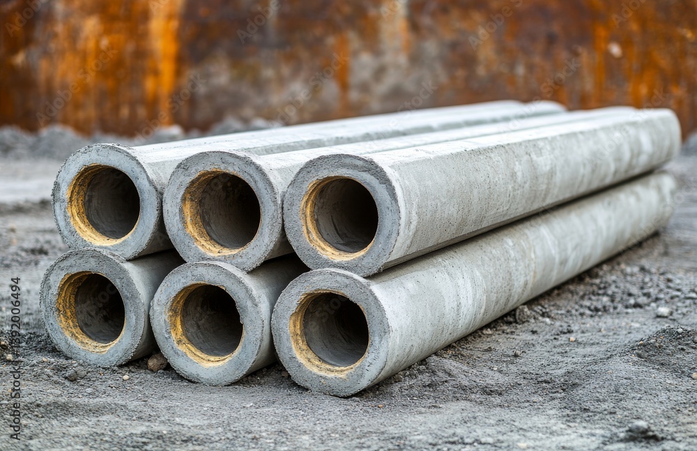On the ground, you can find stacked concrete pipes designed for water ...
