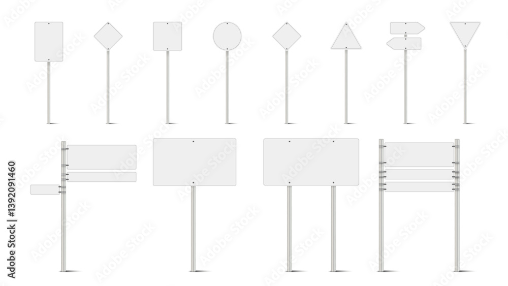 Blank Road Traffic Signs on Metal Poles – Vector Set of 3D Realistic Street Signboards in ...