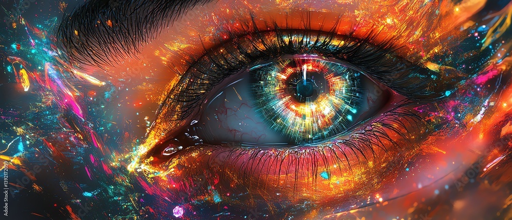 Human eye infused with digital metaverse elements, glowing cyberpunk ...