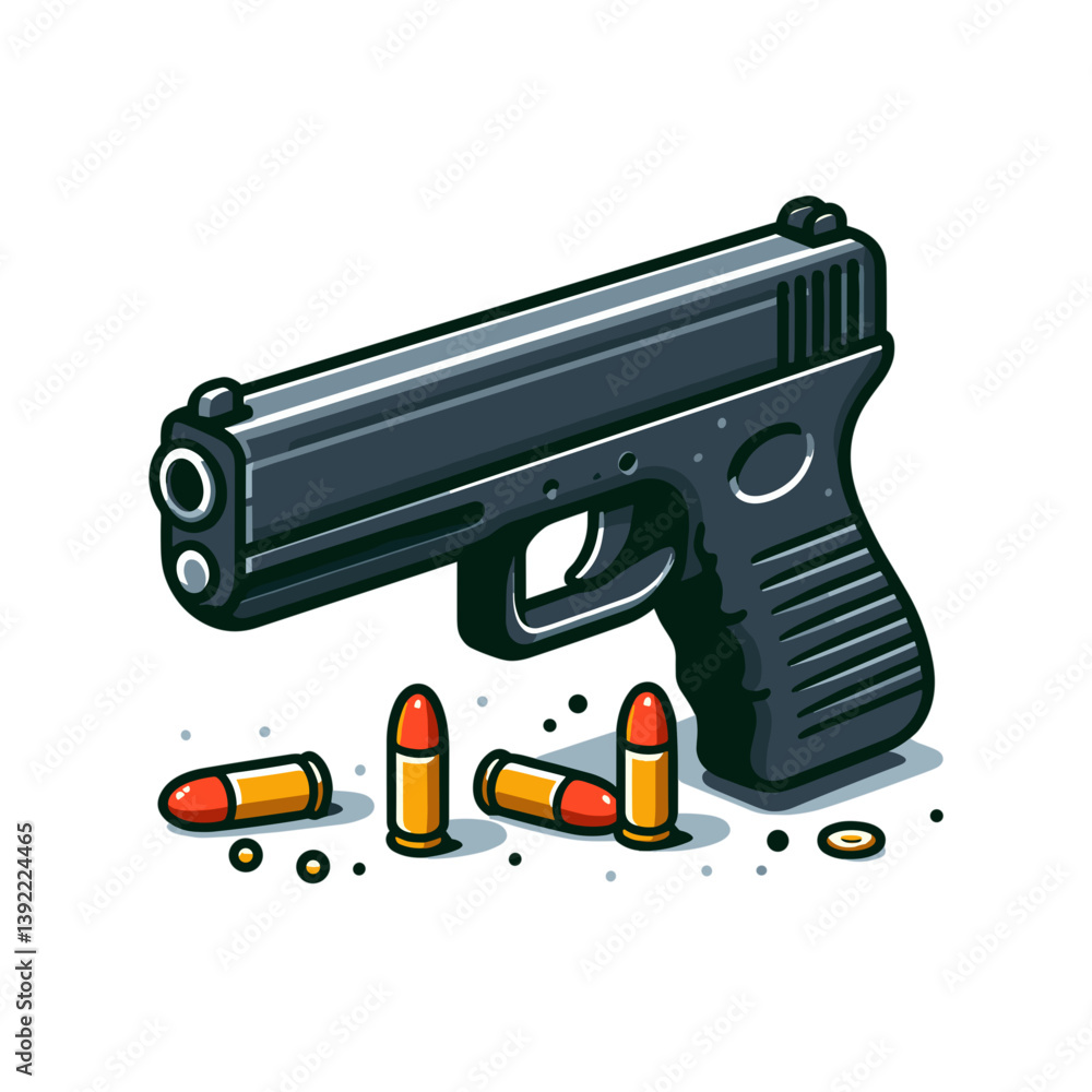 Pistol with bullets and shell casings on ground. Ideal for crime dramas ...